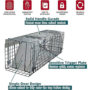 24 Inches Humane Live Rat Collapsible Rat Trap, Mice Trap Folding Rabbit Catcher for Stray Cats Groundhogs Opossums, Hamsters Live Cage Catch and Release, with Safe Carrying, 24×7.5×8.3 Inch