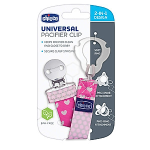 Chicco Two-in-One Pacifier Clip with Loop and Ring Attachments | Loop for Teethers and Small Toys | Ring Included for Knob-Style Pacifiers | Secure Clasp is Gentle on Clothing | Pink