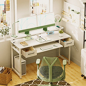 ODK Computer Desk with Keyboard Tray, 55 inch Office Desk with Drawers, Writing Desk with Monitor Shelf and Storage, Work Desk for Home Office/Bedroom, Bamboo