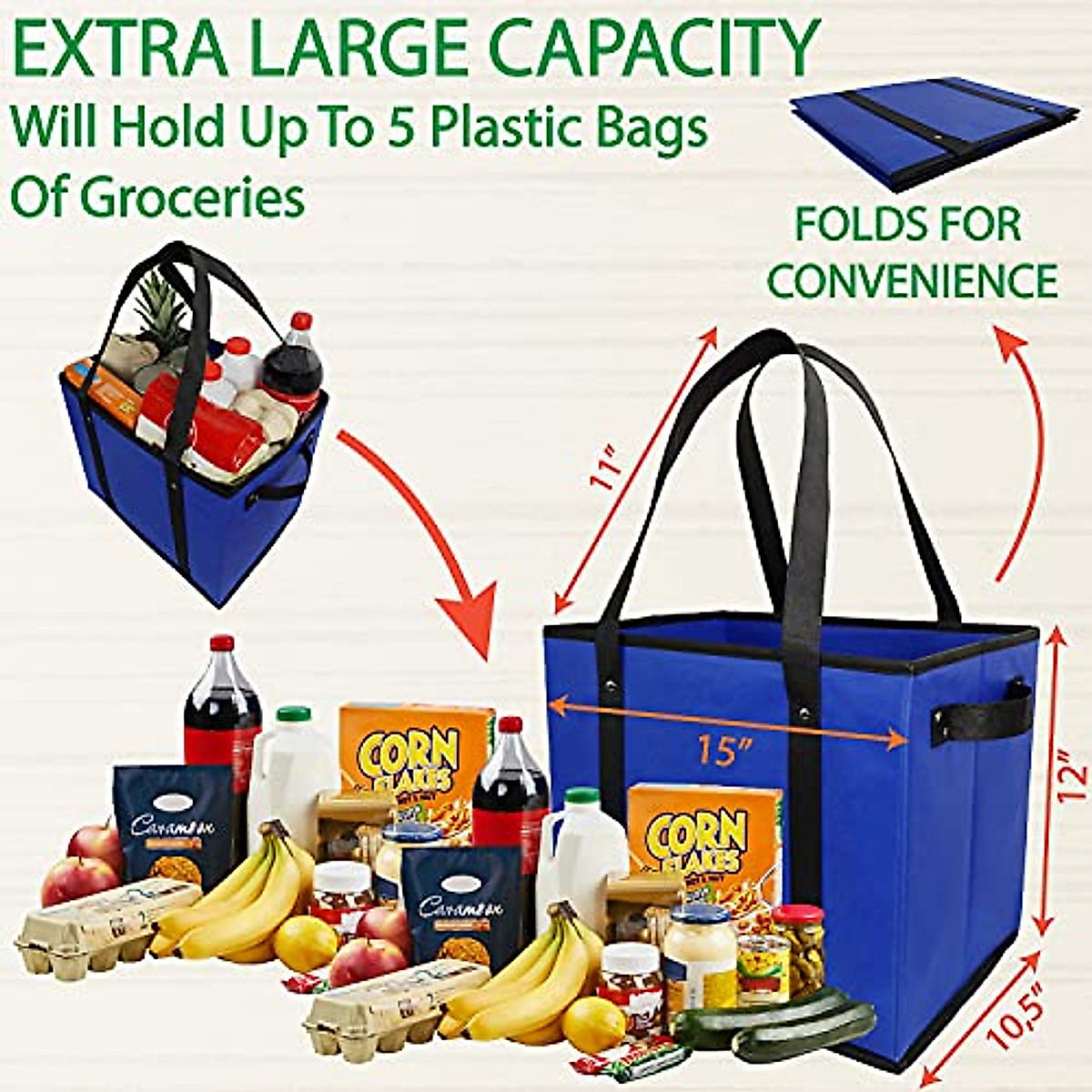 CLEVERFECT Reusable Grocery Box Bags. Large, Durable Heavy Duty Premium Quality Shopping Totes Set. Collapsible, Extra Long Handles & Reinforced Bottom, Pack of 3 (Red, Blue, Green) Eco Friendly