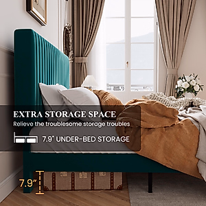 SHA CERLIN King Upholstered Platform Bed Frame with Vertical Channel Tufted Velvet Fabric Adjustable Headboard, Wooden Slats Support, Mattress Foundation, Box Spring Optional, Teal