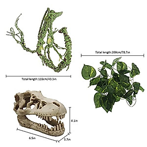 Hamiledyi Bearded Dragon Tank Accessories Reptile Dinosaur Skull Hideout Decor Reptile Climber Jungle Vines Artificial Leaves for Iguana Lizard Chameleon Snake Frog Gecko Frogs(3 PCS)