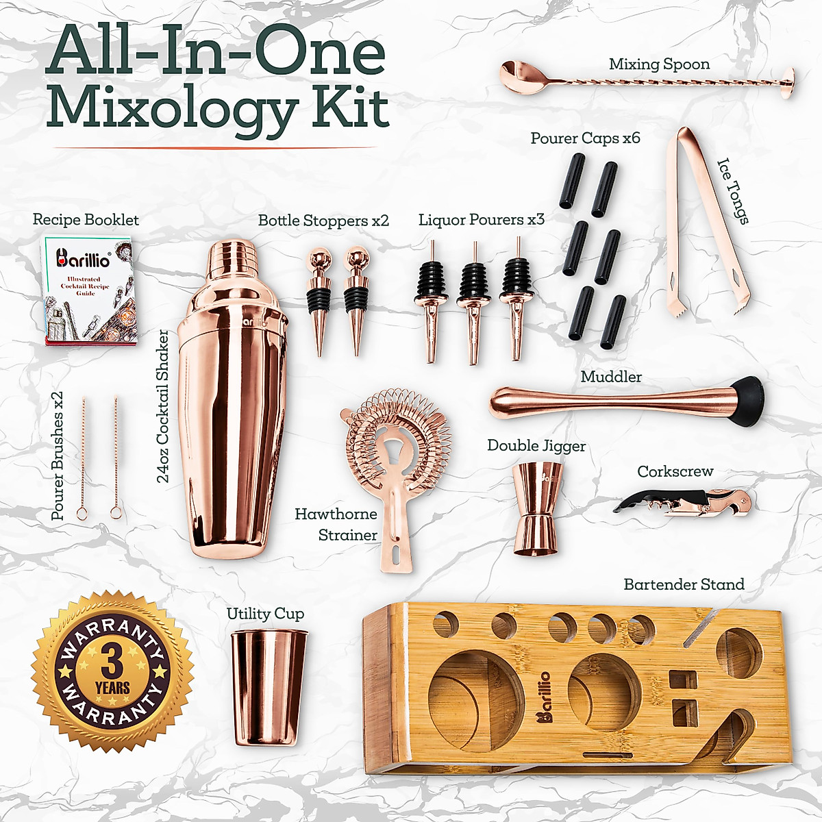Copper Mixology Bartender Kit Cocktail Shaker Set by Barillio: Rose Gold Drink Mixer Set with Bar Tools, Muddler, Mixing Spoon, Jigger, Strainer, Sleek Bamboo Stand & Recipes Booklet