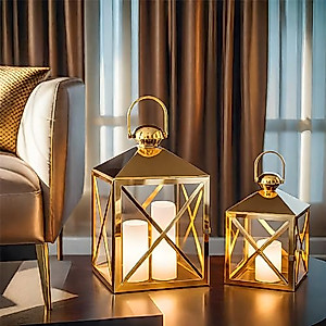 TRIROCKS Set of 2 Stainless Steel Candle Lanterns-19x12''&13x8'' High, Elegant Outdoor Metal Candle Holders with Tempered Glass for Home Decor, Living Rooms, Parties, and Indoor/Outdoor Events (Gold)