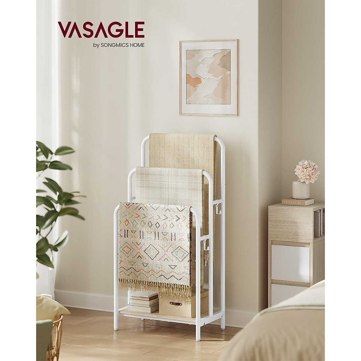 VASAGLE Freestanding Towel Rack, 3-Tier Blanket Holder with Storage Shelf, 19.7 x 11.8 x 39.4 Inches, Blanket Rack, 2 Hooks, for Blankets, Bath Towels, Cloud White and Natural Beige ULLS009W01
