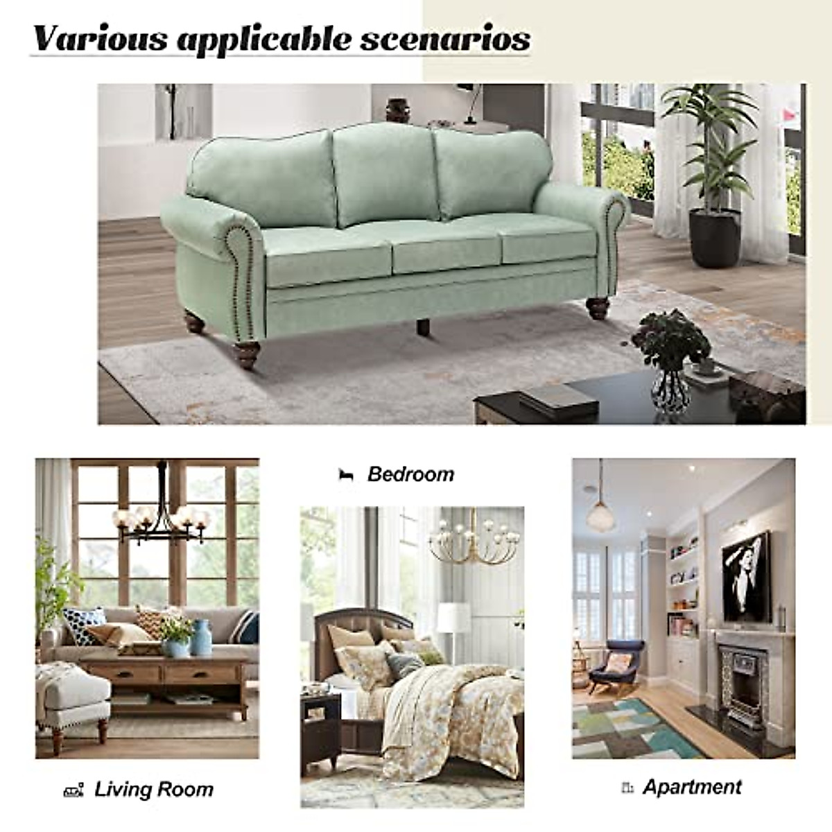 HULALA HOME 81'' Upholstered Leather Sofa with Nailhead Trim and Rolled Armrests, Mid-Century Modern Living Room 3-Seater Couch, Sage Couch with Removable Cushion for Bedroom Apartment