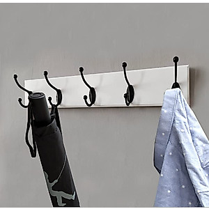 GIFTAYA Wood Coat Rack Wall Mounted - 22 Inches, 5 Hooks, Heavy Duty, for Coat Hat Towel Purse Robes Mudroom (White Base & Black Hook)