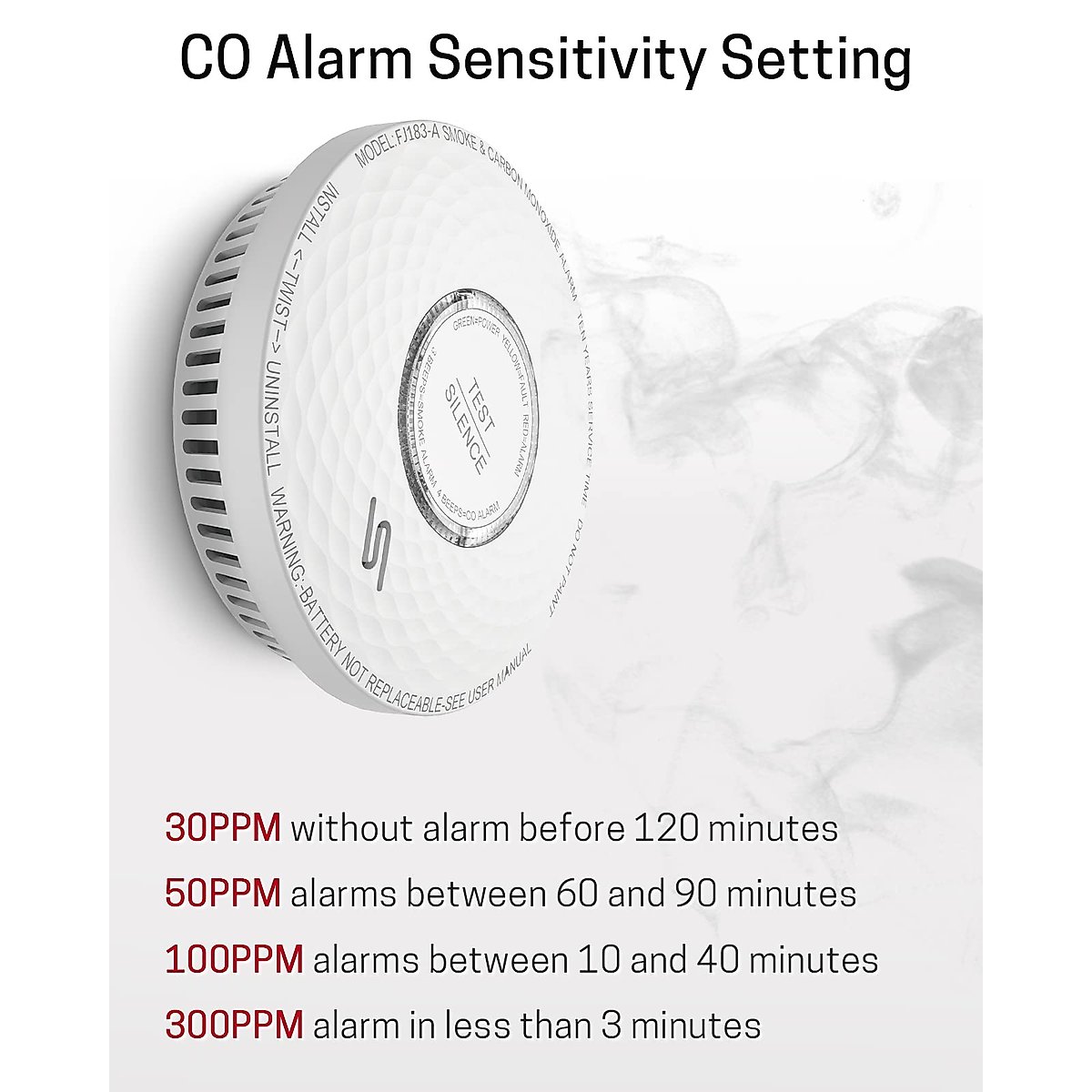 Ecoey 10-Year Smoke and Carbon Monoxide Detector, Dual Sensor Smoke CO Alarm with Built-in Battery and Silence Function,FJ183-A,4 Packs