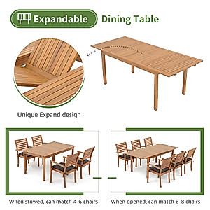 OC Orange-Casual 7 Piece Patio Dining Set, Outdoor Acacia Wood Furniture Set, Extendable Rectangular Table and 6 Stackable Chairs w/Removeable Fabric Cushion, FSC Certified, Dark Grey Cushion