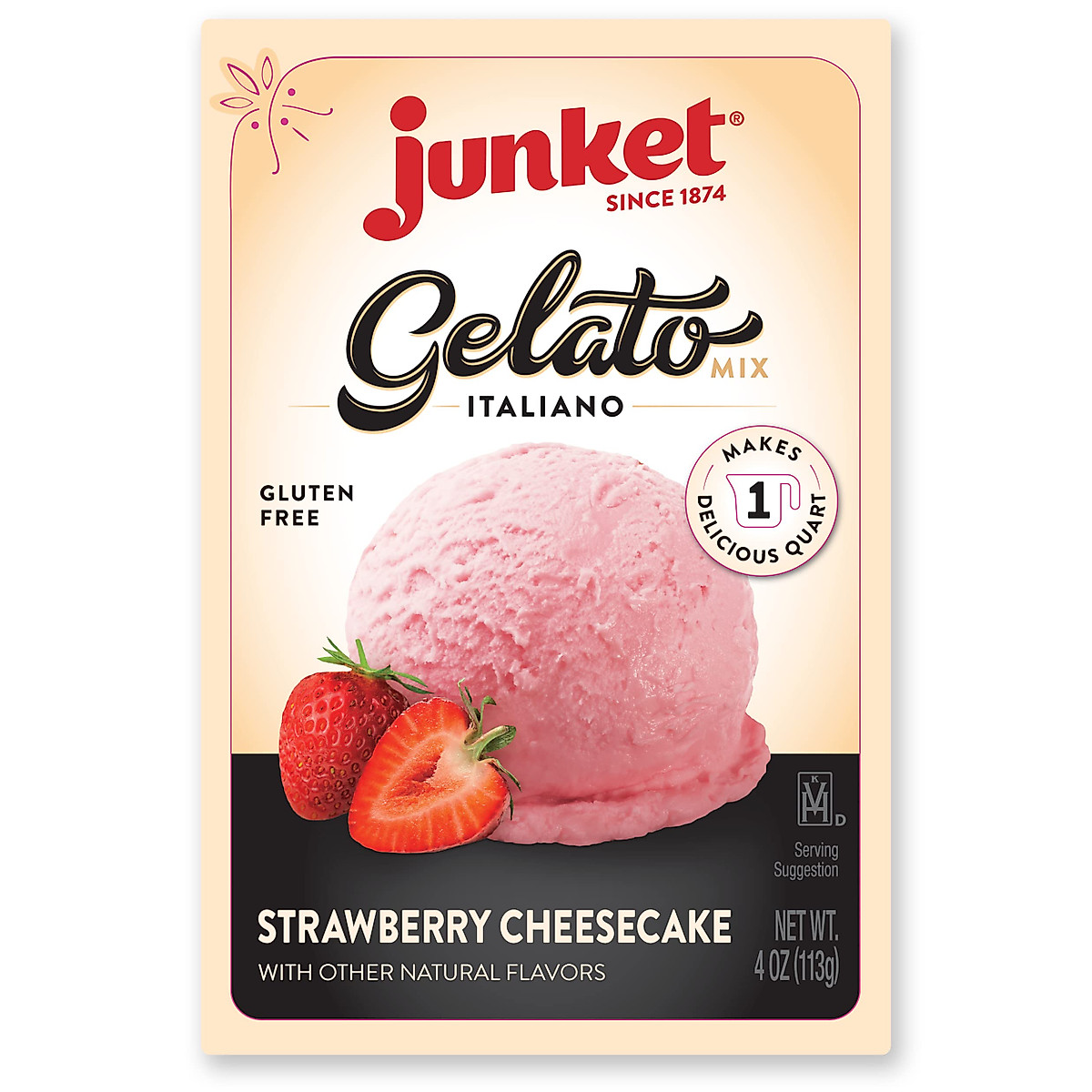 Junket Gelato Mix: Strawberry Cheesecake Homemade Gelato Ice Cream Mix for Ice Cream Maker or Stir By Hand, Start to Finish in Minutes, 4 ounce box, Yields 1 quart Frozen Gelato (Pack of 1)