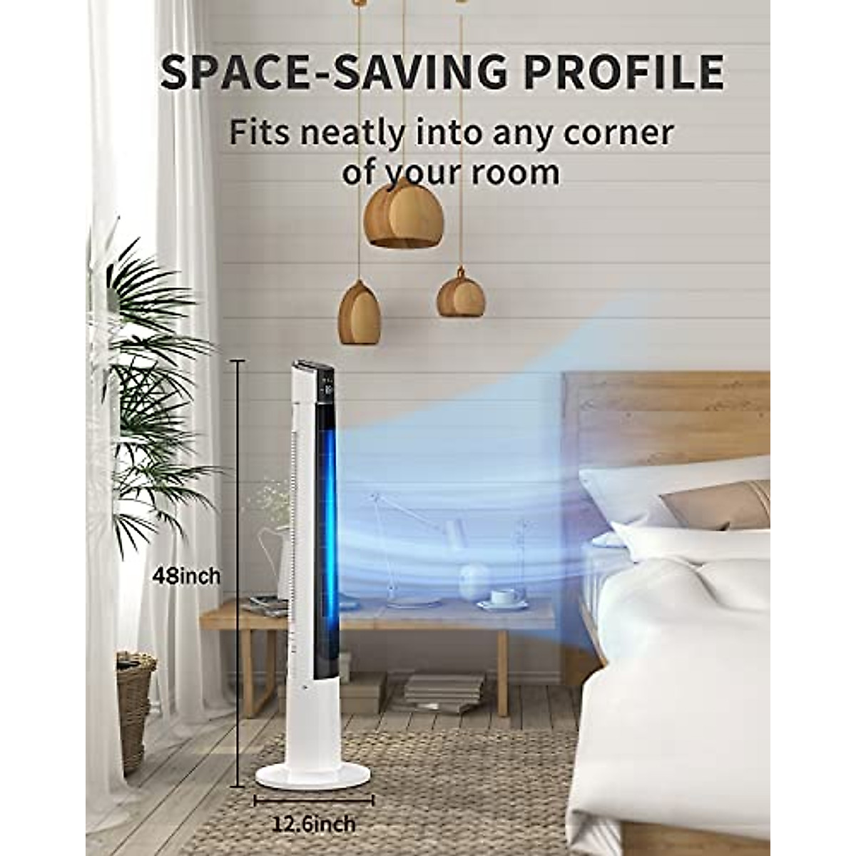 VEOHAUT Tower Fan for Bedroom- 48'' Oscillating Fan with Remote, Cooling, Quiet, Large LED Display, 12-Hour Timer, Electric White Standing Bladeless Fan for Whole House, Home, Office, Living Room