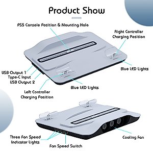 Wigearss Charging Cooling Stand for PS5 Charging Dock with 3 Speed Levels Cooling System for PS5 UHD and Digital Edition Consoles and Controllers - White