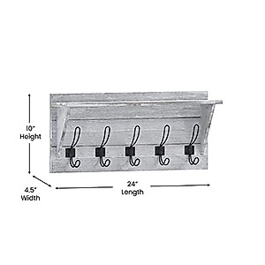 Flash Furniture Daly Wall Mounted Storage Rack - Whitewashed Solid Pine Wood - 24 Inch - Upper Shelf and 5 Hooks - For Entryway, Kitchen, Bathroom