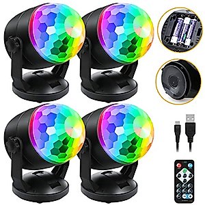[4-Pack] Sound Activated Party Lights with Remote Control, Battery Powered/USB Portable RBG Disco Ball Light, Dj Lighting, Strobe Lamp 7 Modes Stage Party Supplies for Home Room Dance Parties Karaoke