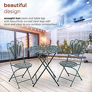 Alpine Corporation Indoor/Outdoor 3-Piece Peacock Feather Rustic Metal Bistro Set Patio Seating, Light Blue