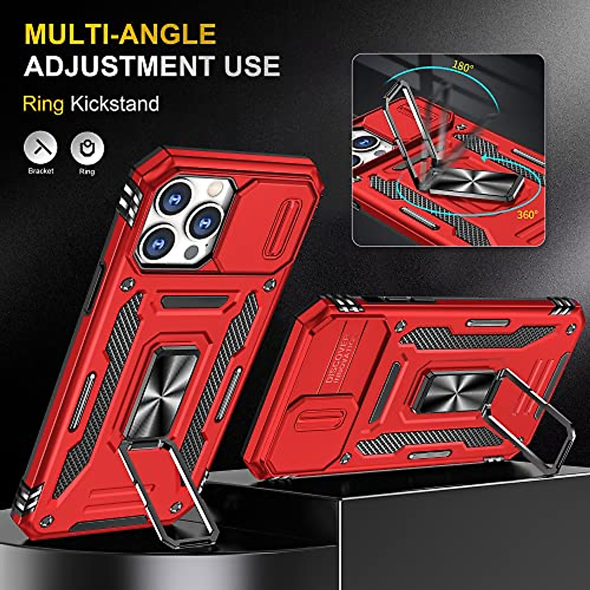 2023 NEW CASE for iPhone 13 Pro Max Case with Stand & Camera Cover Slide,Built-in 180°+360° Rotate Ring Kickstand,Shockproof Military Grade Drop Protective Phone Cover iPhone 13 Pro Max Case Red
