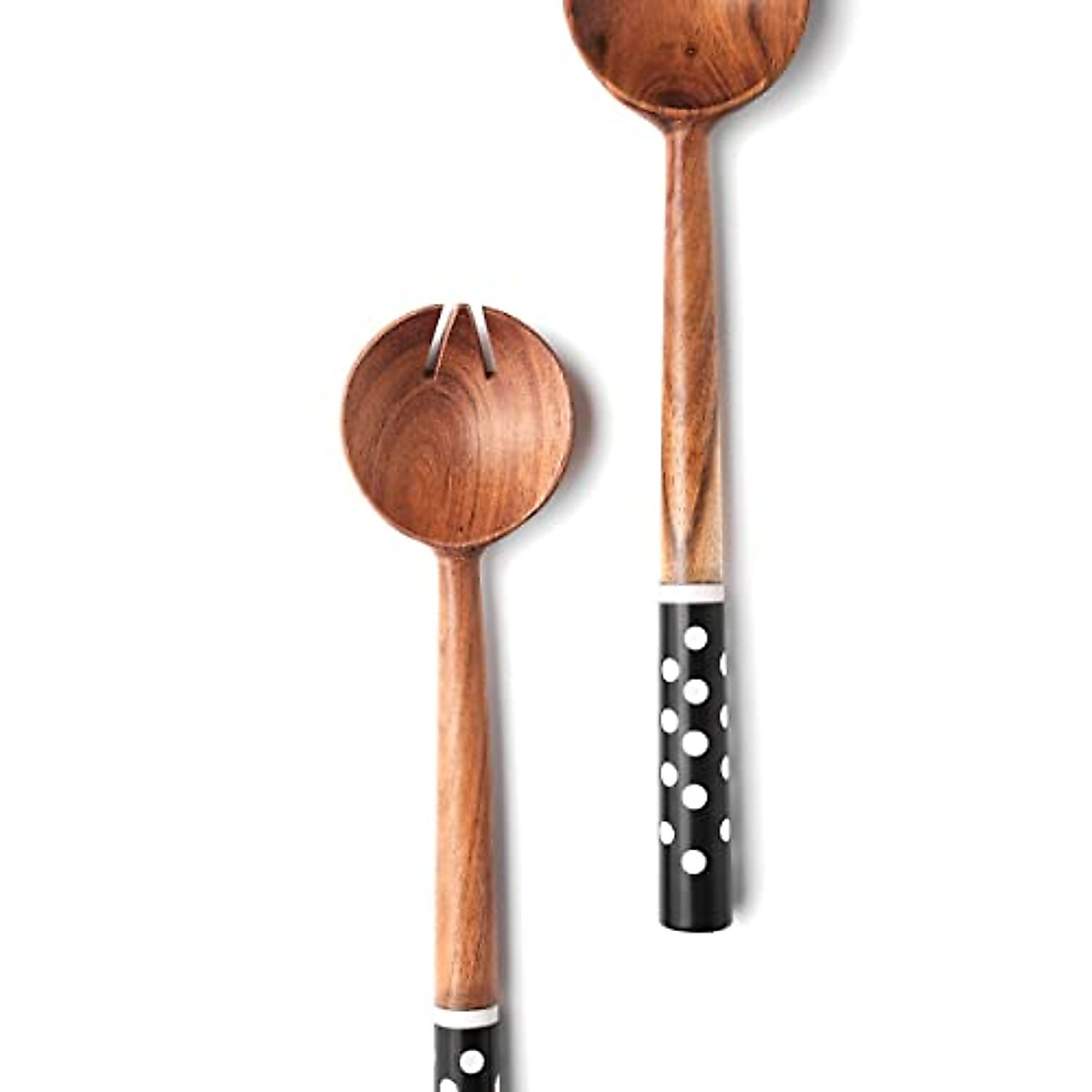 YoTreasure Tiramisu Black & White Dotted Resin Wood Salad Server Set | Wooden Utensils for Serving Salad, Spoon and Fork Set for Modern Kitchen
