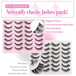 Newcally Lashes False Eyelashes Natural Look Lashes Mink Wispy Fluffy Volume Fake Eyelashes 5D Strip Cat Eye Lashes Pack Clear Lash Band Individual Eyelash 14 Pairs