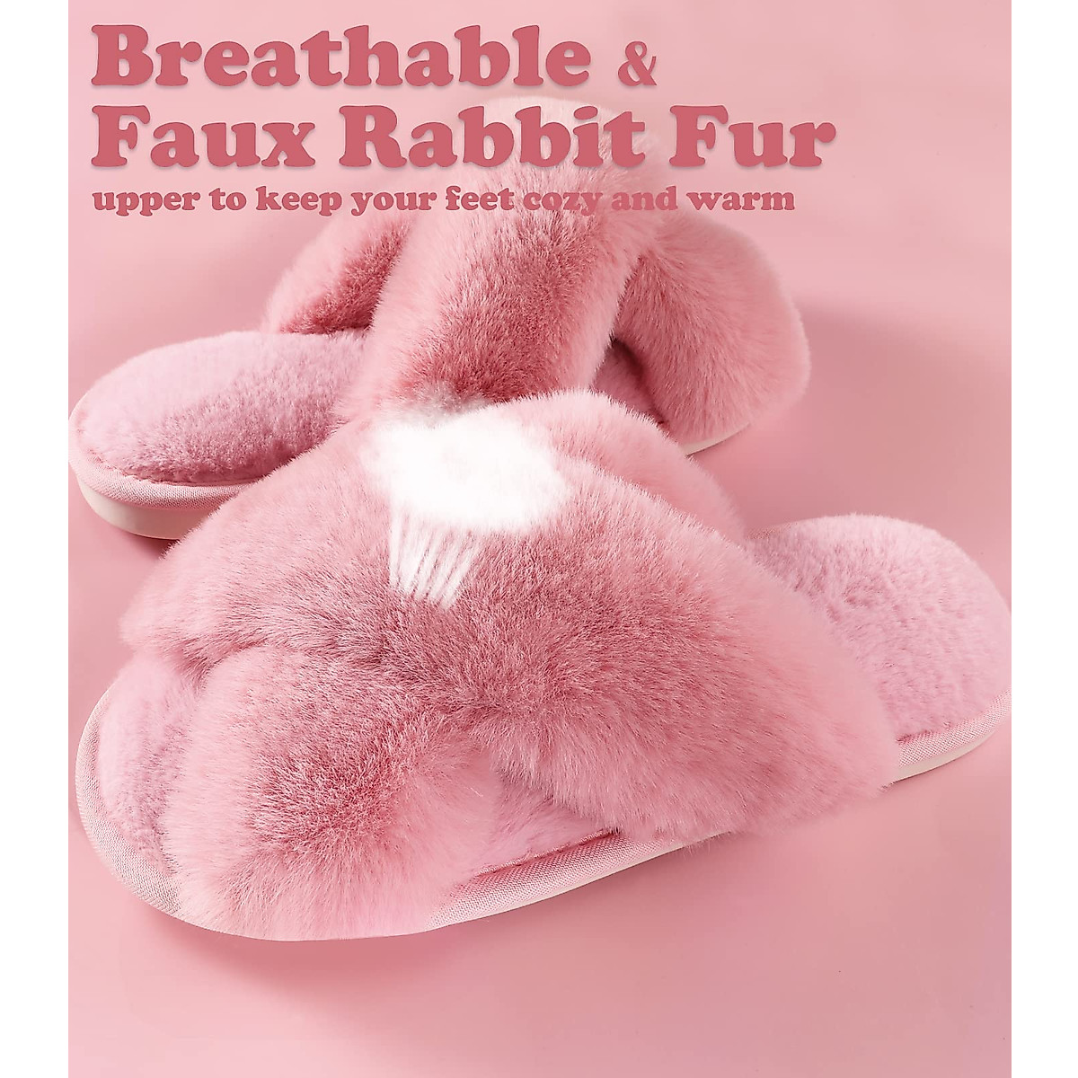 Women's Pink Fuzzy Plush Faux Fur Memory Foam Ankle Slippers - Breathable, Comfy House Indoor Slippers