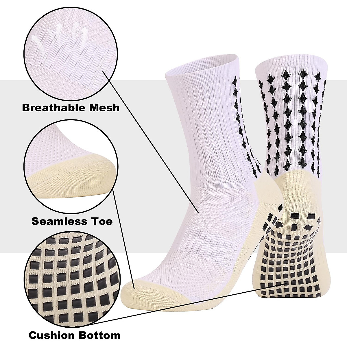 wonhag Grip Soccer Socks for Men Athletic Socks Anti Slip Non Gripper Mens Hospital Socks Anti Skid Whtie Socks 3 Pairs