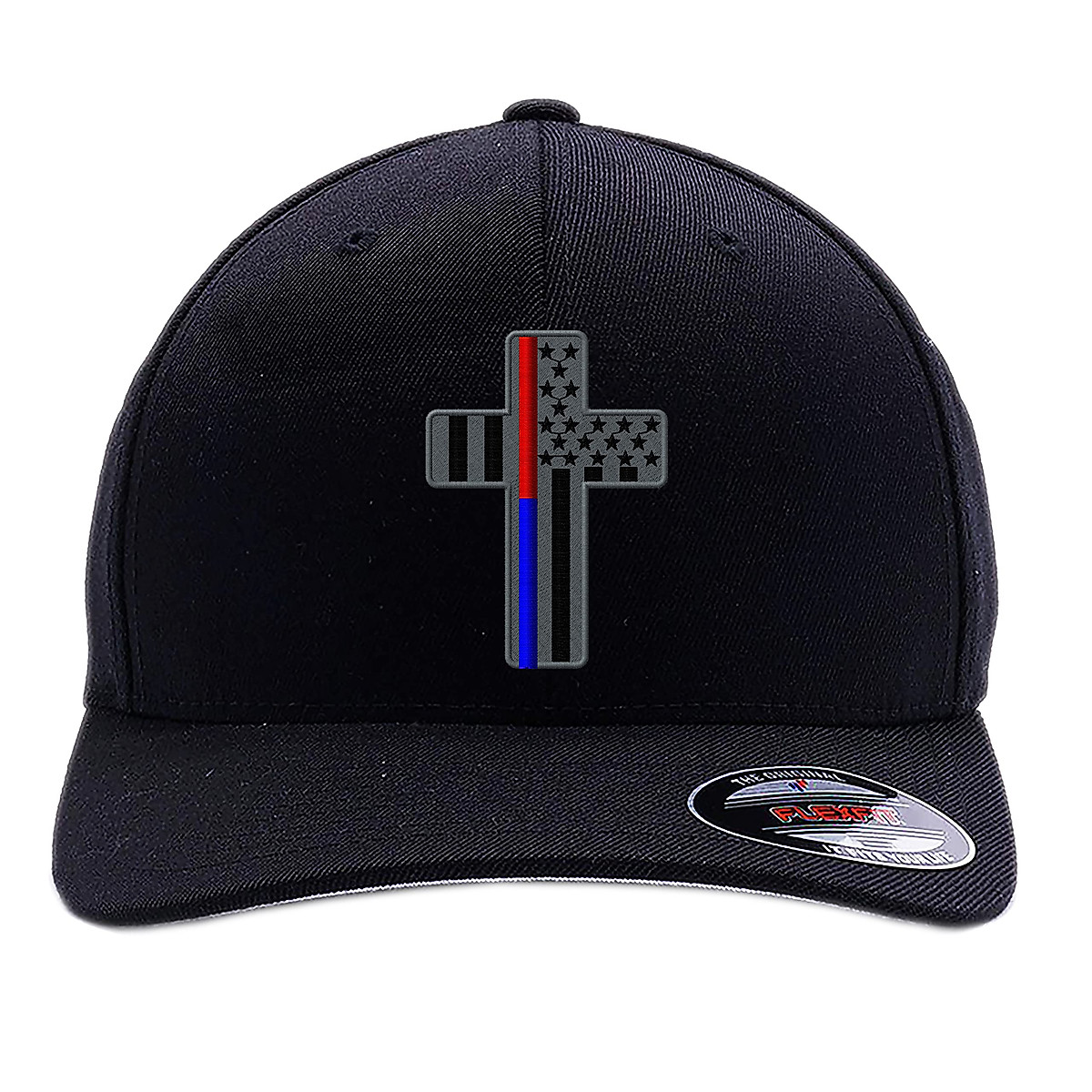 Firefighter Thin Red line Hereos Cross/Thin Blue line Heroes Cross American Flag Custom Embroidered Flexfit Hat (Black, L/XL)