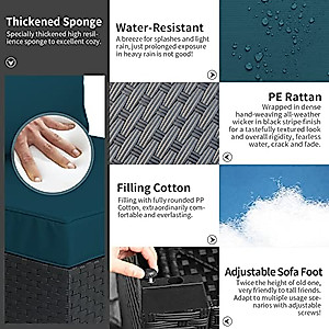 Rattaner Patio Furniture Set 7 Pieces Couch Outdoor Chairs Coffee Table Peacock Blue Anti-Slip Cushions and Waterproof Covers