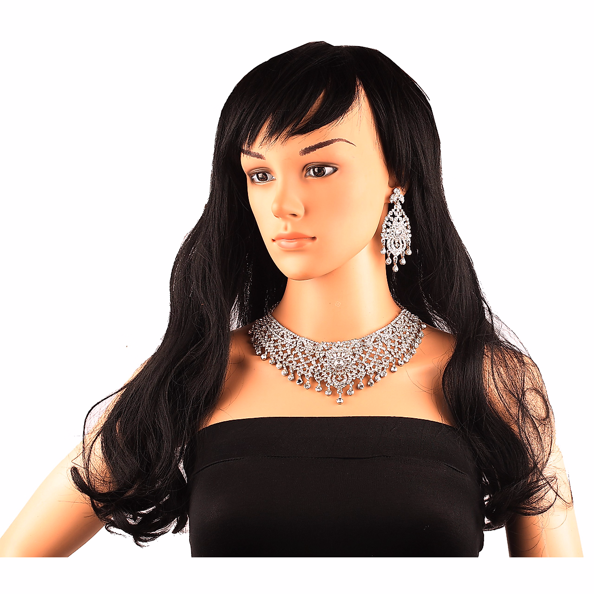 Touchstone Indian Bollywood Masterly Created Sparkling White Rhinestones Studded Look Grand Bridal Jewelry Necklace Earrings Mangtika Set In White Tone For Women.