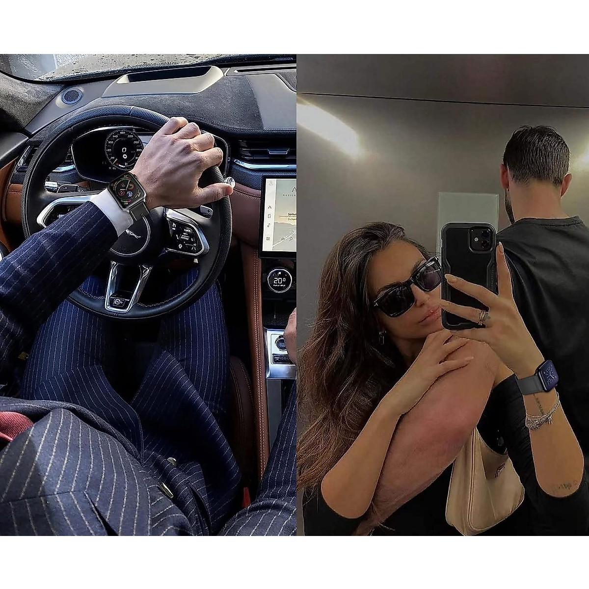 (4 Pack) Compatible with Apple Watch Band 45mm 44mm 42mm, C.M Genuine Leather Band Replacement Strap Compatible with Apple Watch Series 7/6/5/4/3/8/9/SE, Brown Blue Grey Black Band with Black