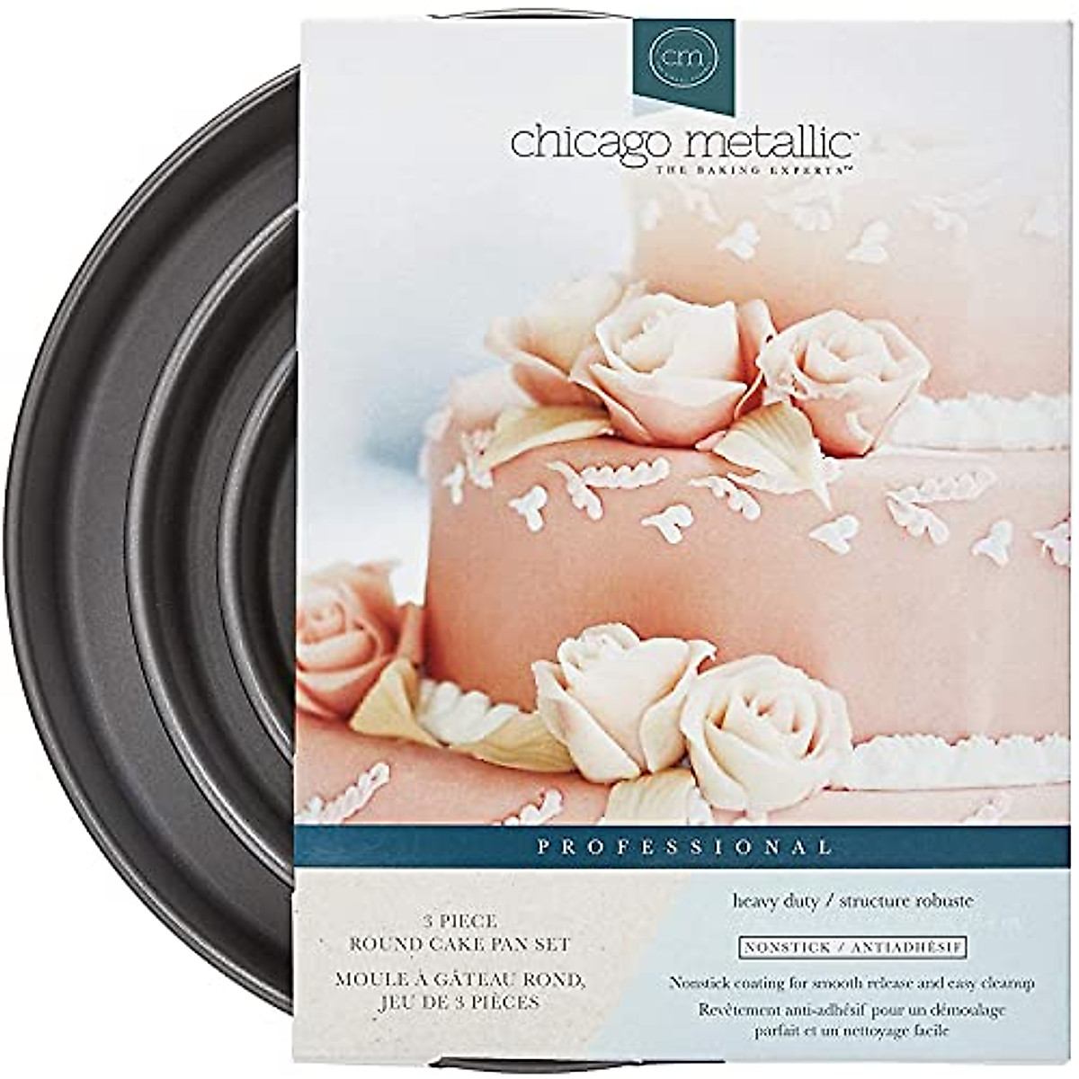 Chicago Metallic Professional Non-Stick 3-Piece Round Cake Pan Bakeware Set, Gray