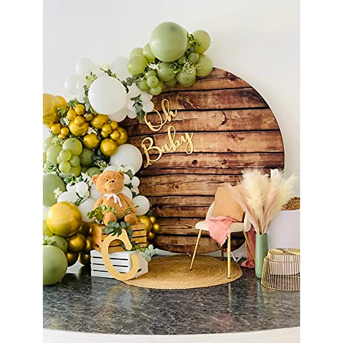 Leowefowa Polyester Wood Round Backdrop Cover(without stand) 7.5ft Wooden Backdrop Wood Backdrop for Parties Wood Circle Backdrop Stand Cover Girl Boy Birthday Baby Shower Gender Reveal Wedding Shower