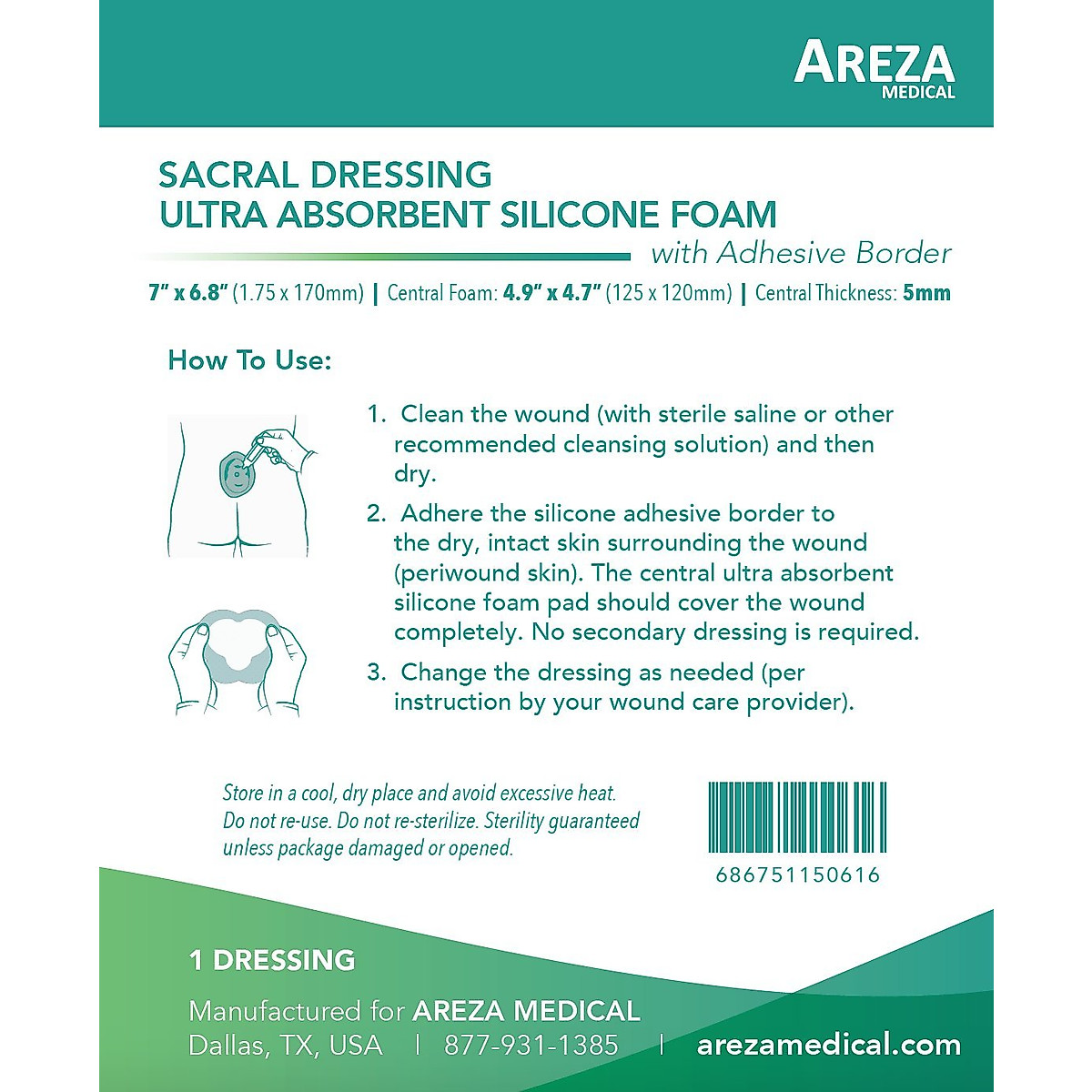 Areza Medical - Ultra-Absorbent Silicone Foam Wound Dressing - Waterproof - with Adhesive Border - sterile - designed for Sacral Wounds - 7" X 6.8" - 5 PCS Per Box