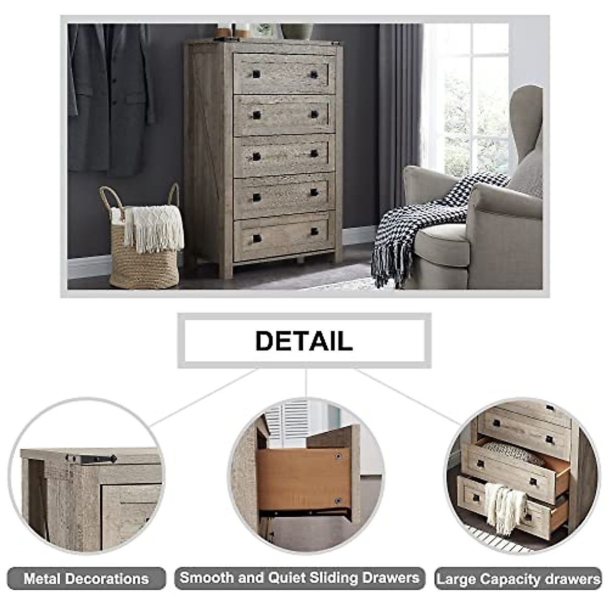 T4TREAM Farmhouse 5 Drawers Dresser Chests for Bedroom, Wood Rustic Tall Chset of Drawers,Dressers Organizer for Bedroom, Living Room,Hallway, Light Rustic Oak