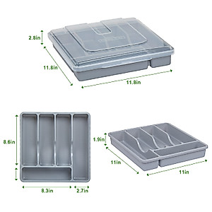 QINOL Silverware Holder with Lid, Double Layer Utensil Tray with Cover Large Flatware Organizer Plastic Cutlery Container for Kitchen Drawer Countertop 10 Compartments, Grey