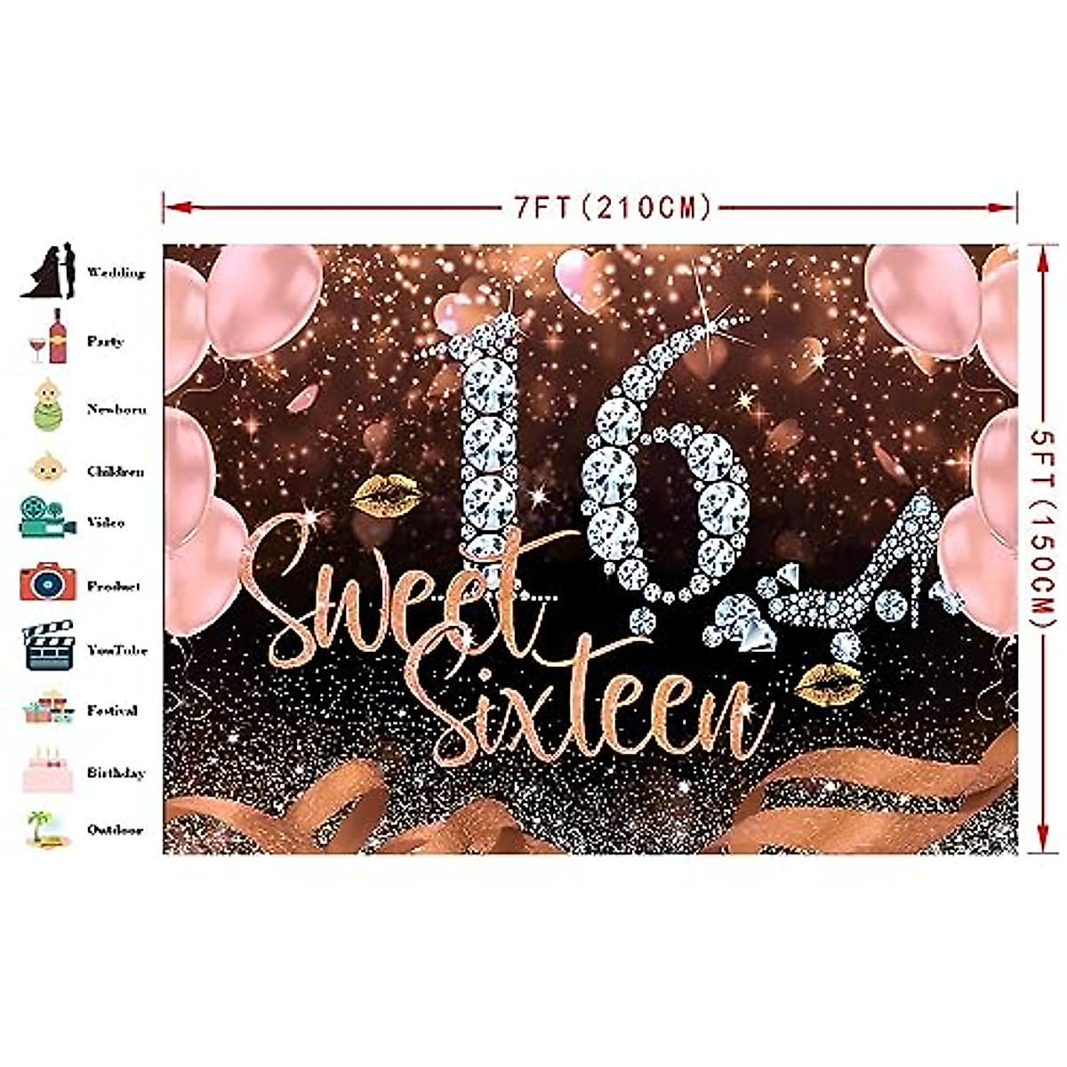 Happy Sweet 16th Birthday Backdrop Balloons High Heel Diamond Banner Backdrop Decorations for Girls Rose Gold Bokeh Sweet 16 Party Supplies Sweet Sixteen Birthday Background Photo Booth Props