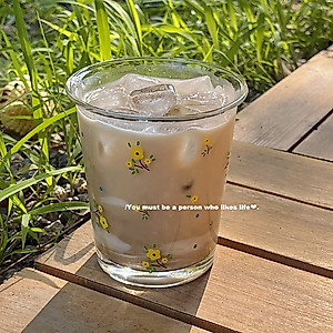 yaocoral Set of 2 12 OZ French Glassware Floral Drinking Glasses,Stackable Flower Glass Cup for Juice,Coffee,Iced Tea,Milk,Dessert,Mixed Drinks,Floral Drinkware Set(white yellow)