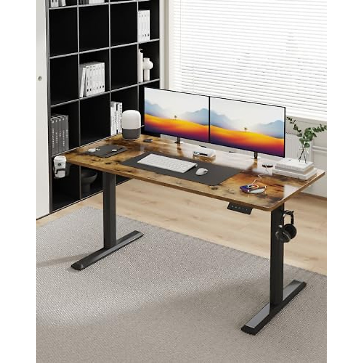 Shahoo Electric Standing Desk, 55 x 24 Inches Height Adjustable Corner Table, Computer Workstation with Cup Holder and Hook for Home Office, Rustic Brown