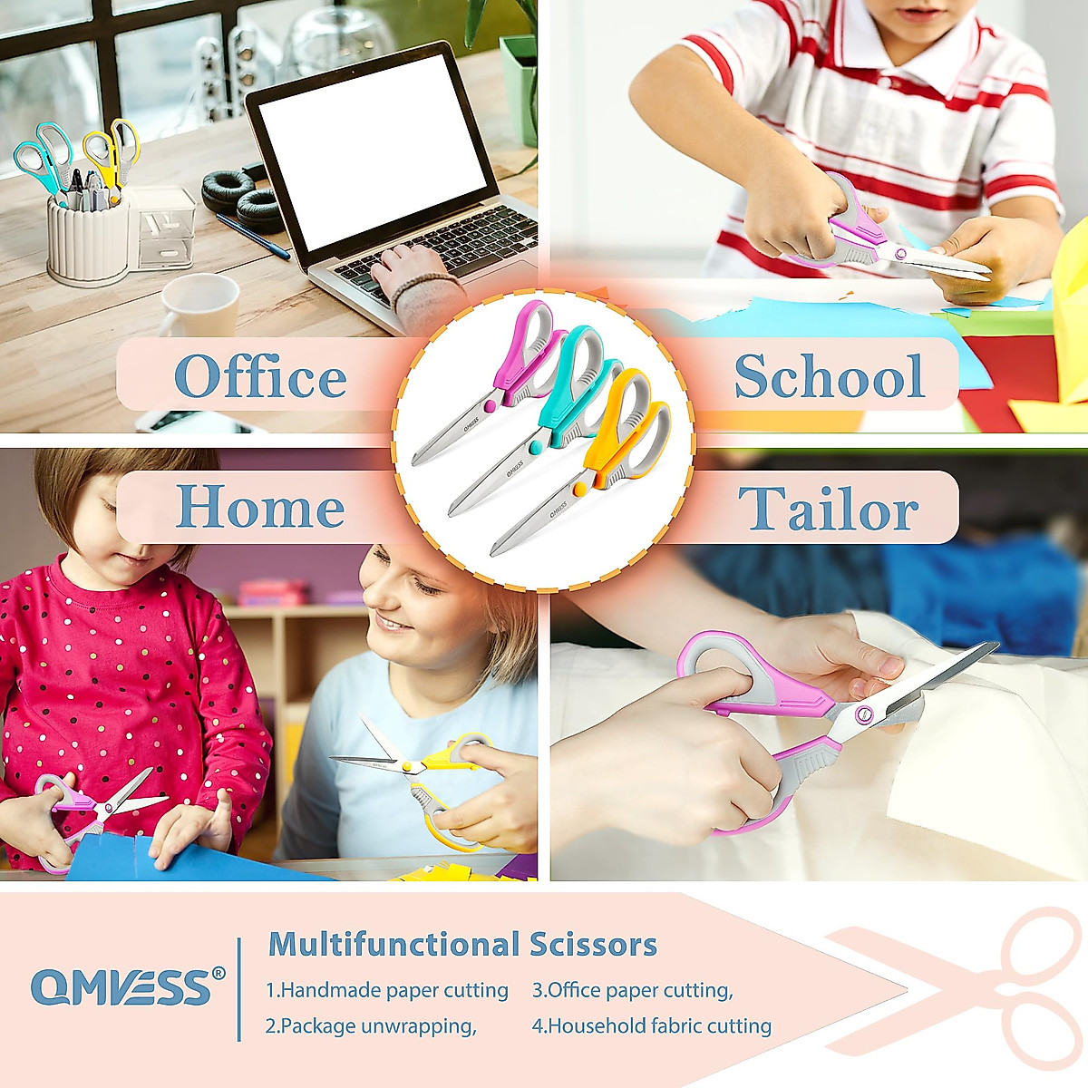 QMVESS 8.5" Scissors All Purpose 3 Pack, Ultra Sharp Multipurpose Blade Shears, Professional Ergonomic Comfort Grip Scissors for Office School Home Sewing Fabric DIY Craft Cutting General Use