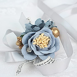 WANLIAN Bridesmaid Wrist Corsage Rose Wedding Flowers Hand Flower Homecoming Wristlet Band Bracelet for Wedding Party Prom Set of 2 (blue)