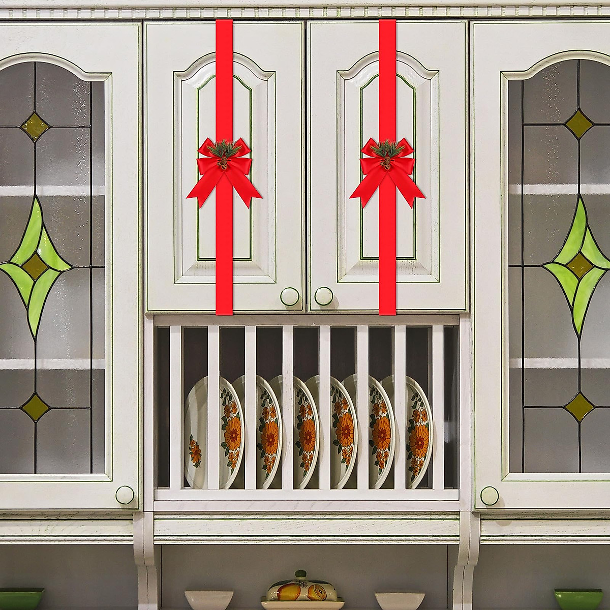 Crowye 8 Pcs Christmas Cabinet Ribbons Bows with Pine Cone Large Christmas Cabinet Door Ribbon Cabinet Bows for Indoor Furniture Kitchen Window Home Door Holiday Party Supplies (Red and Black Plaid)