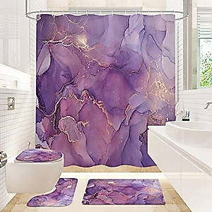 Gibelle 4 Pcs Purple Marble Shower Curtain Set with Non-Slip Rugs, Toilet Lid Cover and Bath Mat, Lavender Bathroom Decor Set with Shower Curtain and Rugs and Accessories