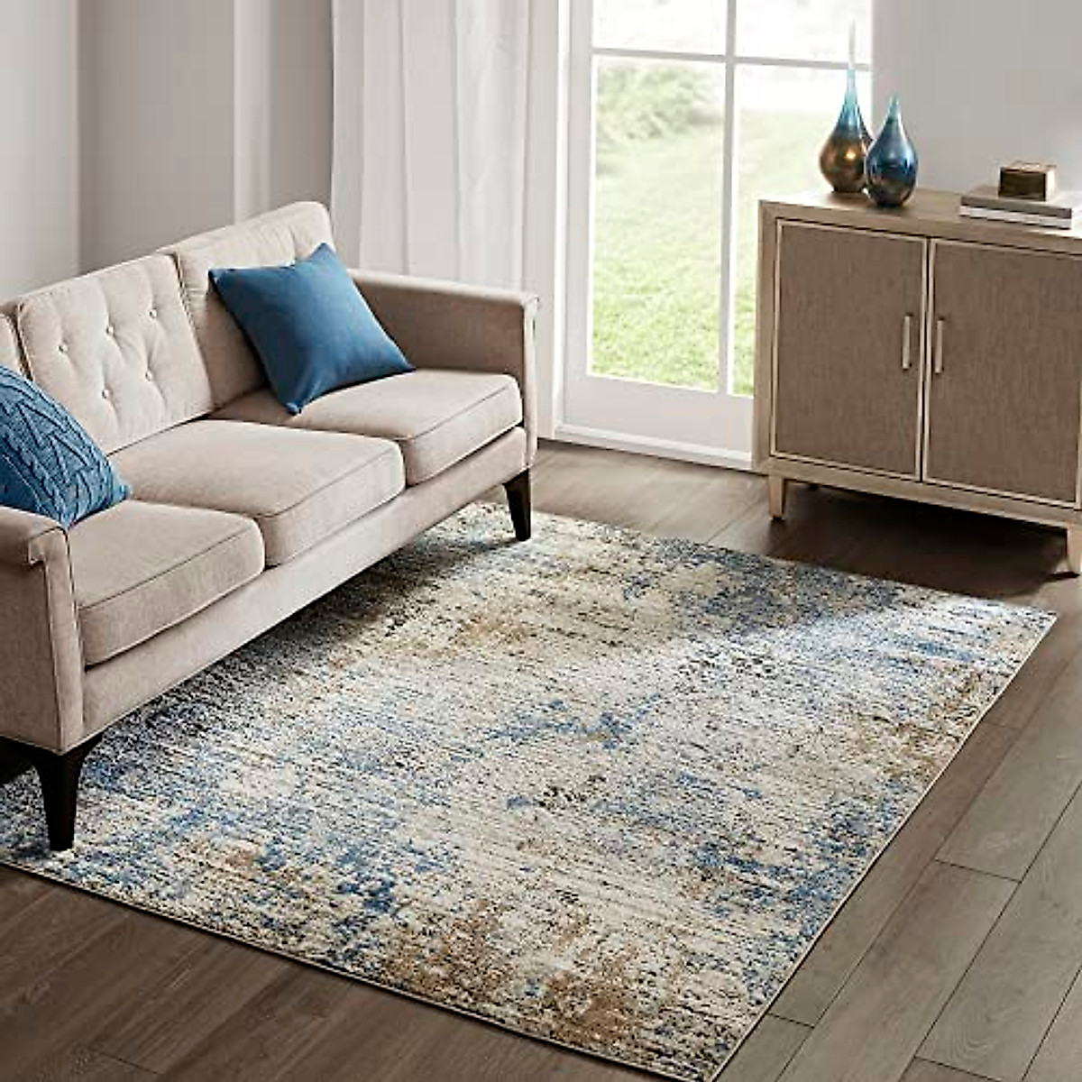 Madison Park Newport Pegasus Woven Turkish Area Rugs for Living Room, Indoor Dining Accent Modern Home Décor, Ultra Soft Floor Carpets for Dining Room, 2'7"W x 7'L Blue/Cream