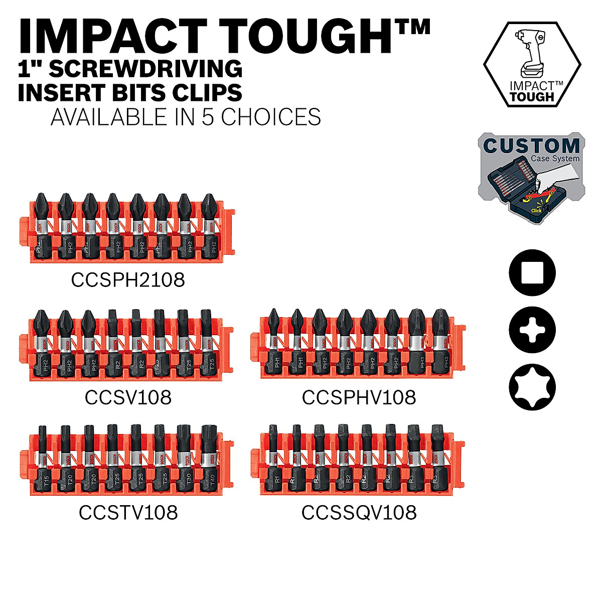 BOSCH CCSTV108 8-Piece Assorted Set 1 In. Impact Tough Torx Insert Bits with Clip for Custom Case System