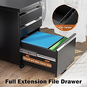 3 Drawer File Cabinet - Locking Filing Cabinet, Rolling Small Metal File Cabinets with Wheels, Under Desk storage for A4, Letter, Legal Pre-Assembled Home Office Mobile File Cabinet - Black