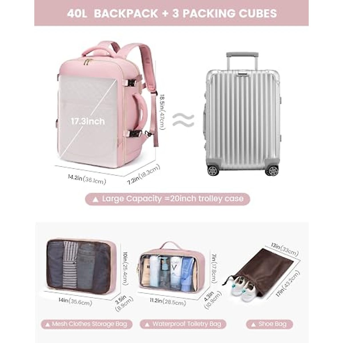 LOVEVOOK Large Travel Backpack Women,40L Flight Approved Carry On Backpack Fits for 17.3inch Laptop,Anti-Theft Large Casual Daypack with 3 Packing Cubes, Pink