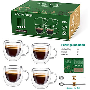 OYY Coffee Mugs Set of 4, 5oz Double Wall Glass Coffee Cups, Clear Expresso Mug with Spoons for Latte, Beverage, Tea, cappuccino