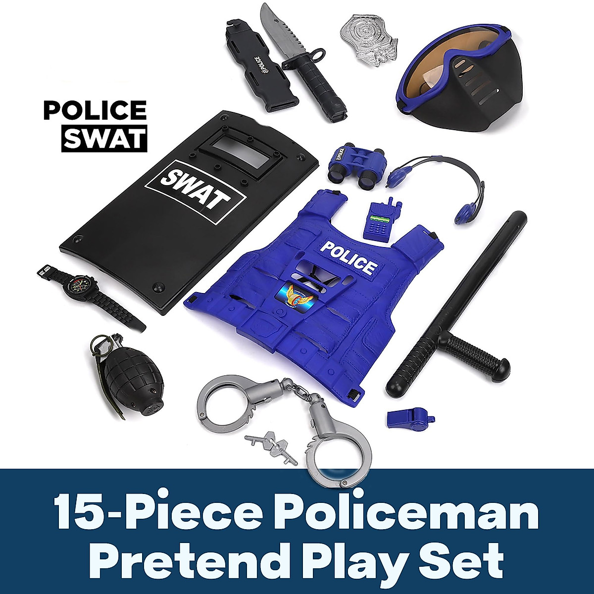 Ultimate All-in-One Kids Police Role Play Toy Kit - 15-Piece Policeman Pretend Play Set for Kids - SWAT Accessories for Dress Up Costumes - Badge, Shield, Vest, Handcuffs Included