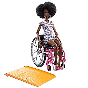 Barbie Fashionistas Doll #194 with Wheelchair and Ramp, Natural Black Hair and Rainbow Heart Romper with Accessories