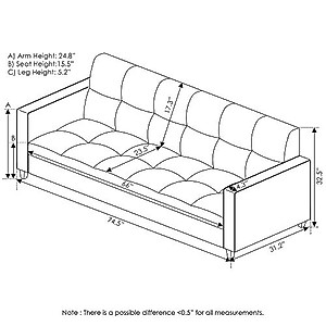 Furinno Brive Contemporary Tufted Faux Leather 3-Seater Sofa Couch for Living Room, Black Faux Leather