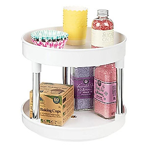 mDesign 2 Tier Lazy Susan Turntable Food Storage Container for Cabinets, Pantry, Fridge, Countertops - Raised Edge, Spinning Organizer for Spices, Condiments - 9" Round - White/Chrome