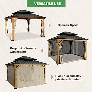 EAGLE PEAK 13x15 Hardtop Gazebo, Galvanized Steel Double Roof Gazebo with Cedar Wood Frame, Outdoor Pavilion with Netting and Curtains for Patio, Deck, Lawn and Garden, Natural Wood/Black